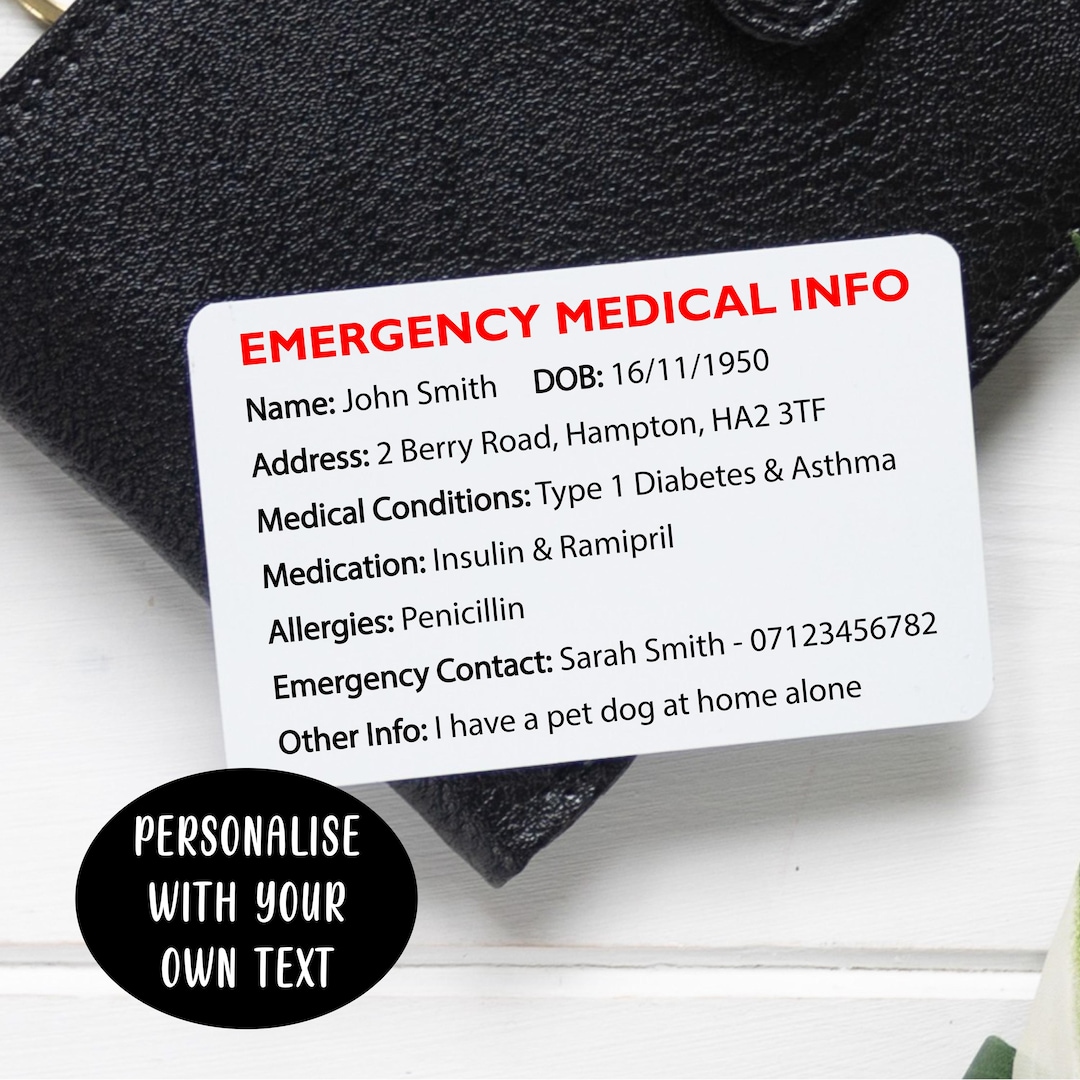 Personalised Metal Wallet Card | Emergency Medical Conditions Info ...