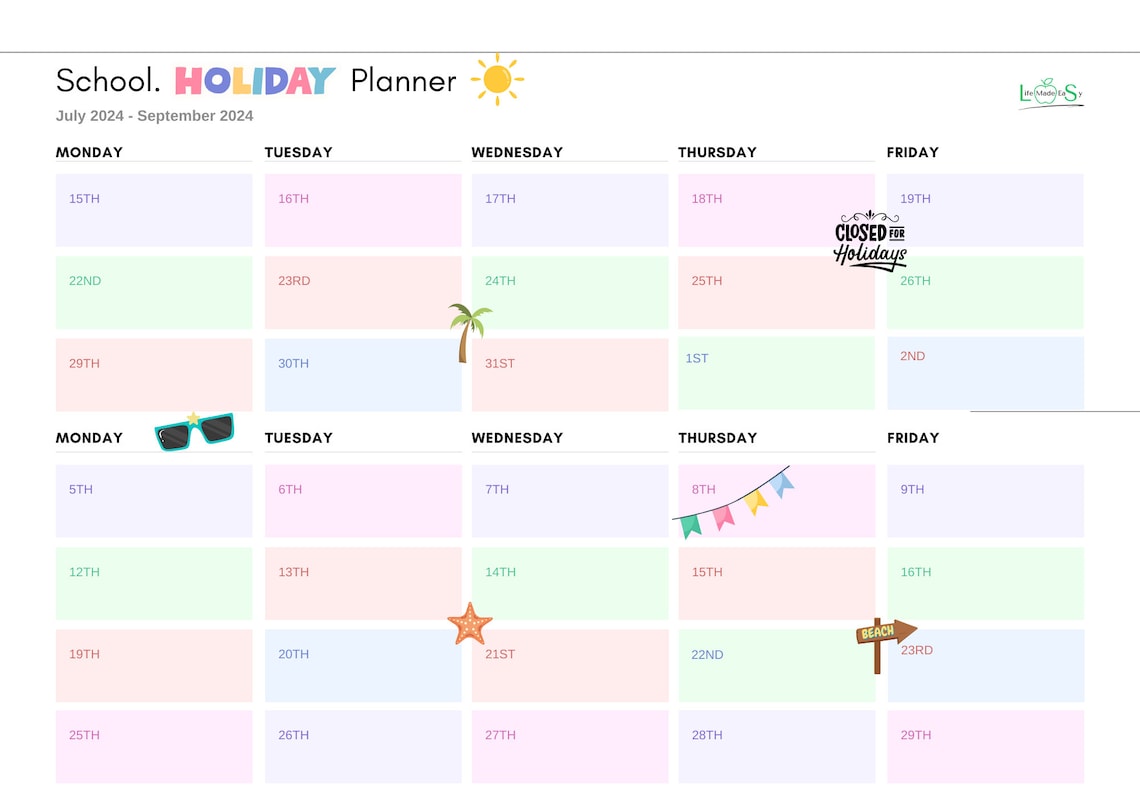 Printable School Holiday Planner Template - Etsy