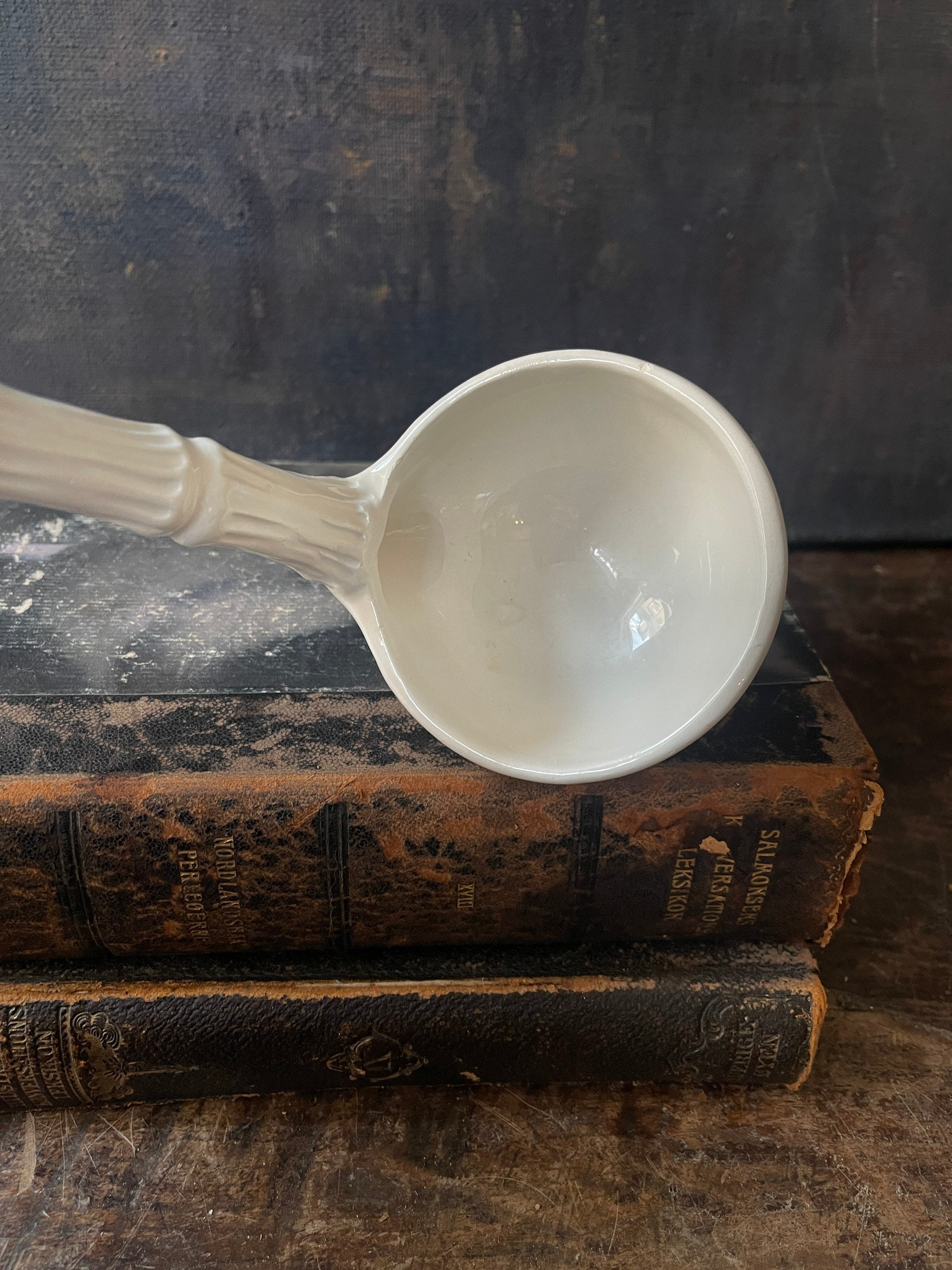 Vintage Large White Faux Bamboo Handle Soup Ladle