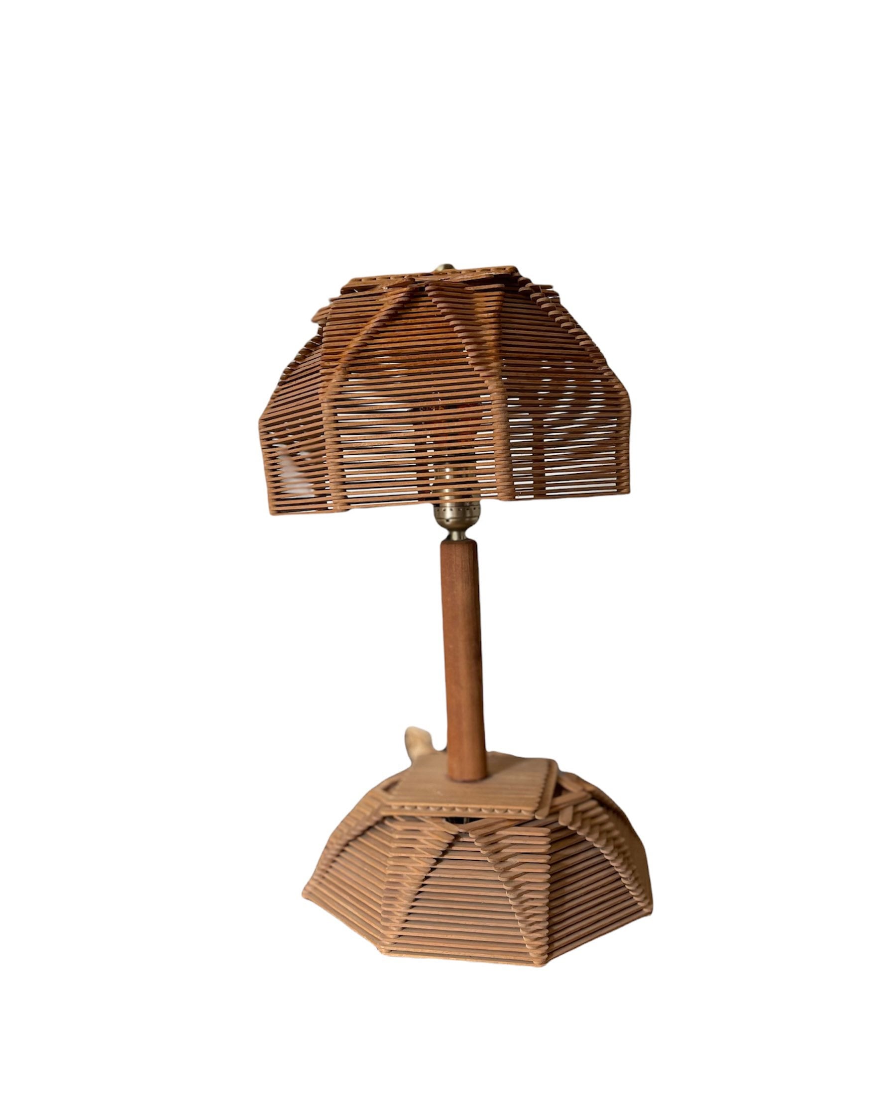 Vintage Popsicle Stick Lamp and Shade MCM Table Lamp Folk Art Lamp