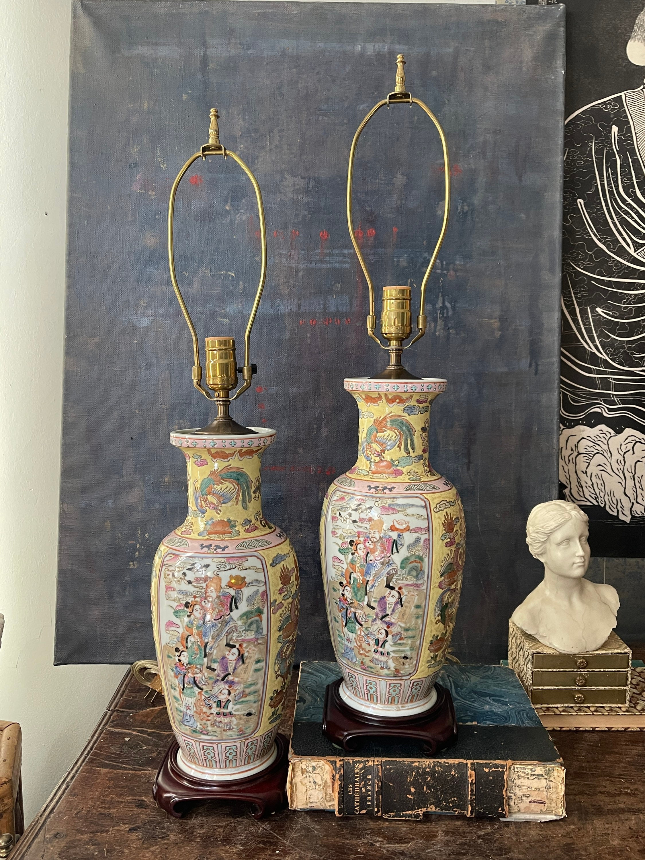 Pair of Vintage Yellow Chinoiserie Table Lamps Grand Millennial Decor