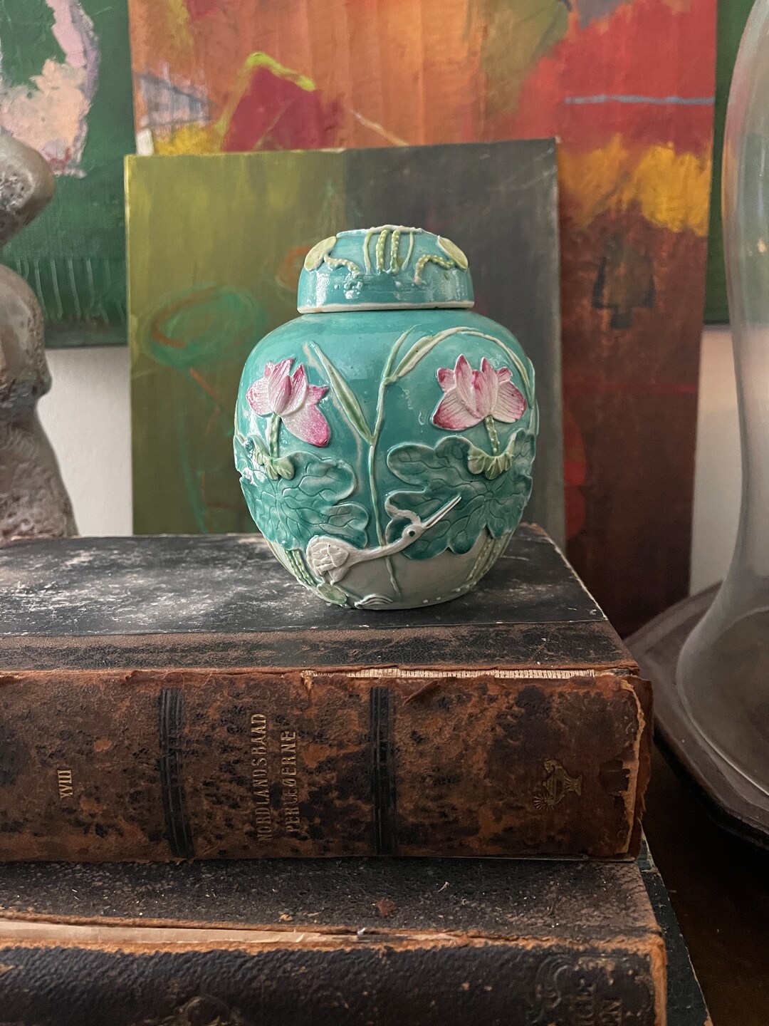 Vintage Chinese Majolica Crane Ginger Jar - Etsy