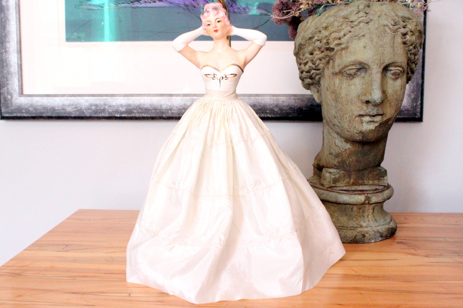 RESERVED FOR JO - Vintage 1940s Ceramic Lady Lamp with Fabric Skirt ...