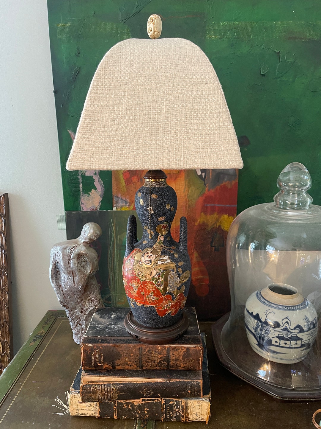 Vintage Japanese Moriage Satsuma Navy Blue Lamp Asian Chic Chinoiserie ...