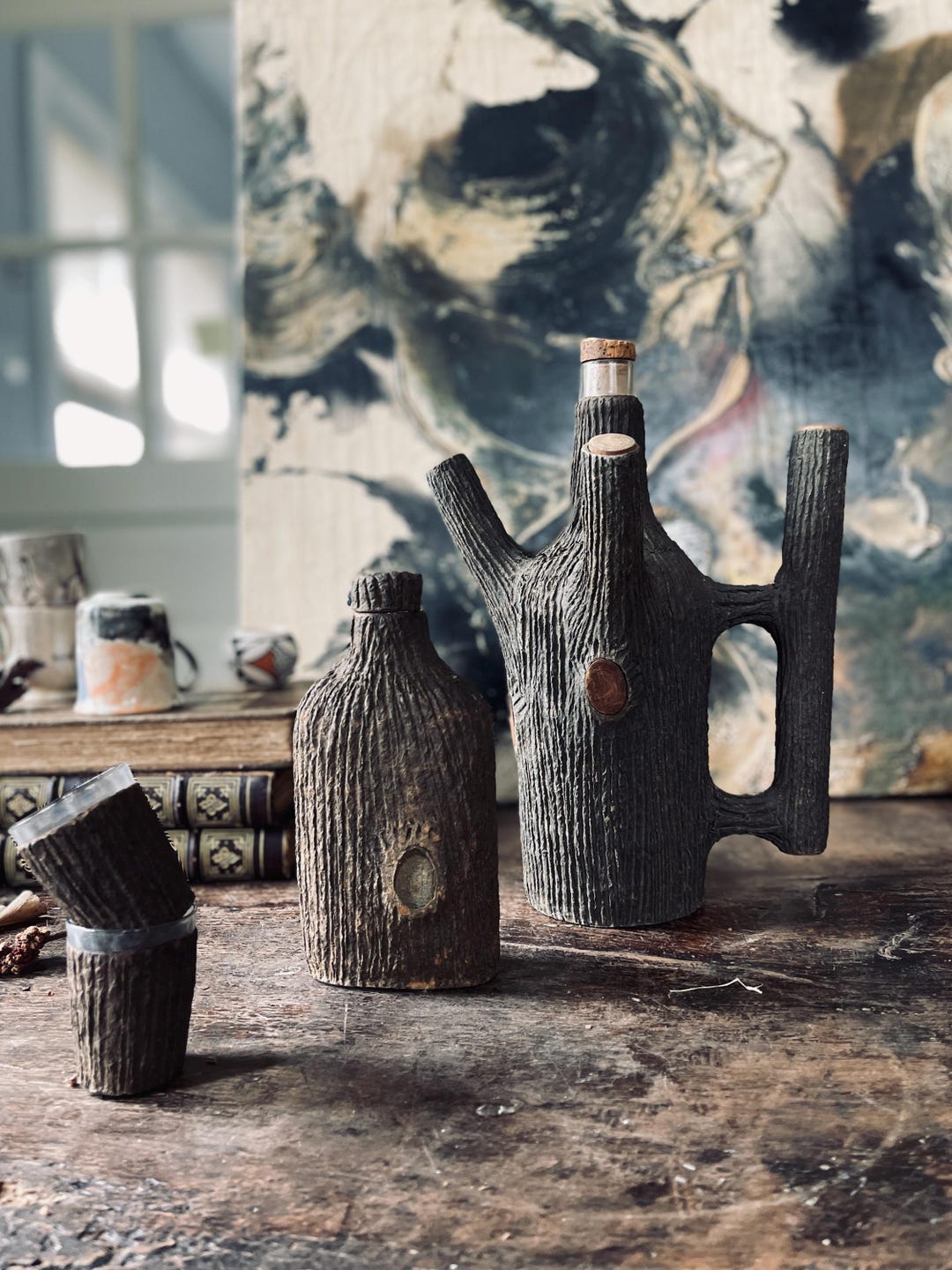 Bark Covered Whiskey Decanter Set | Americana | Folk Art - Etsy