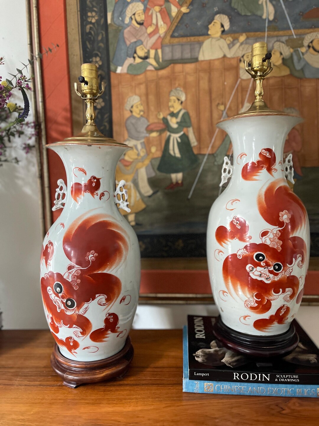 Pair of Vintage Red Foo Dog Chinoiserie Table Lamps - Etsy