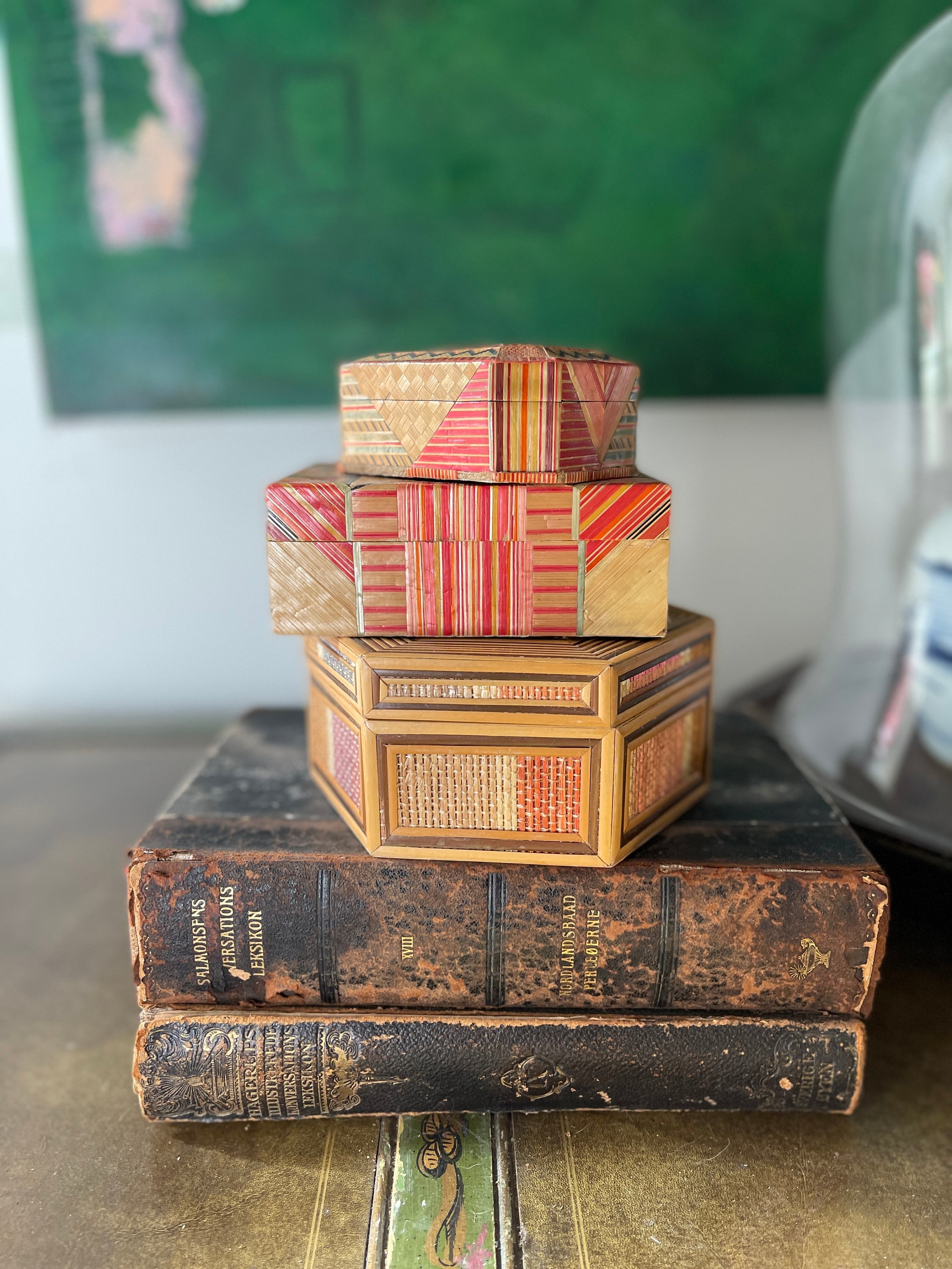 Set of Three (3) Straw Pink Boxes