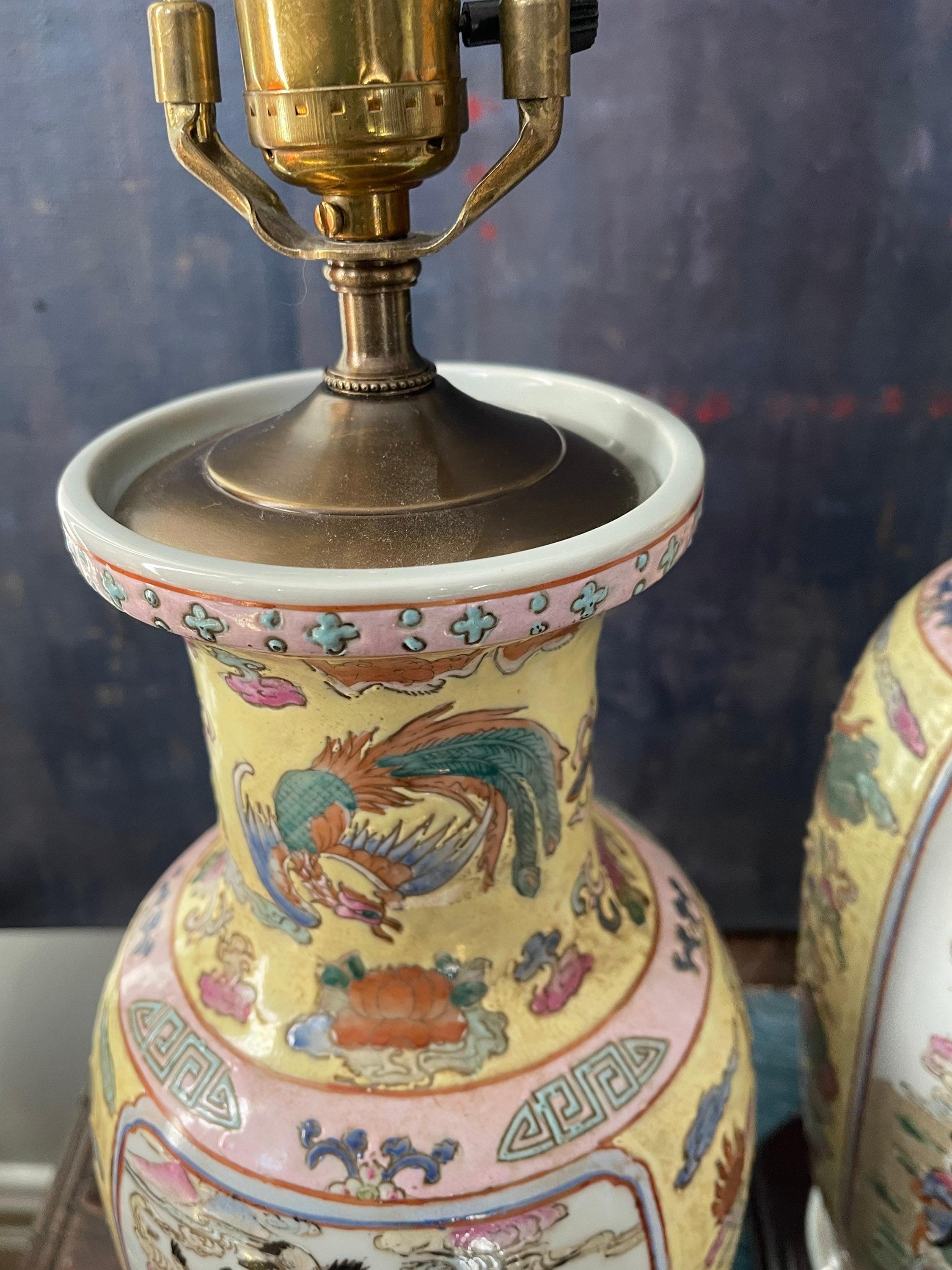 Pair of Vintage Yellow Chinoiserie Table Lamps Grand Millennial Decor