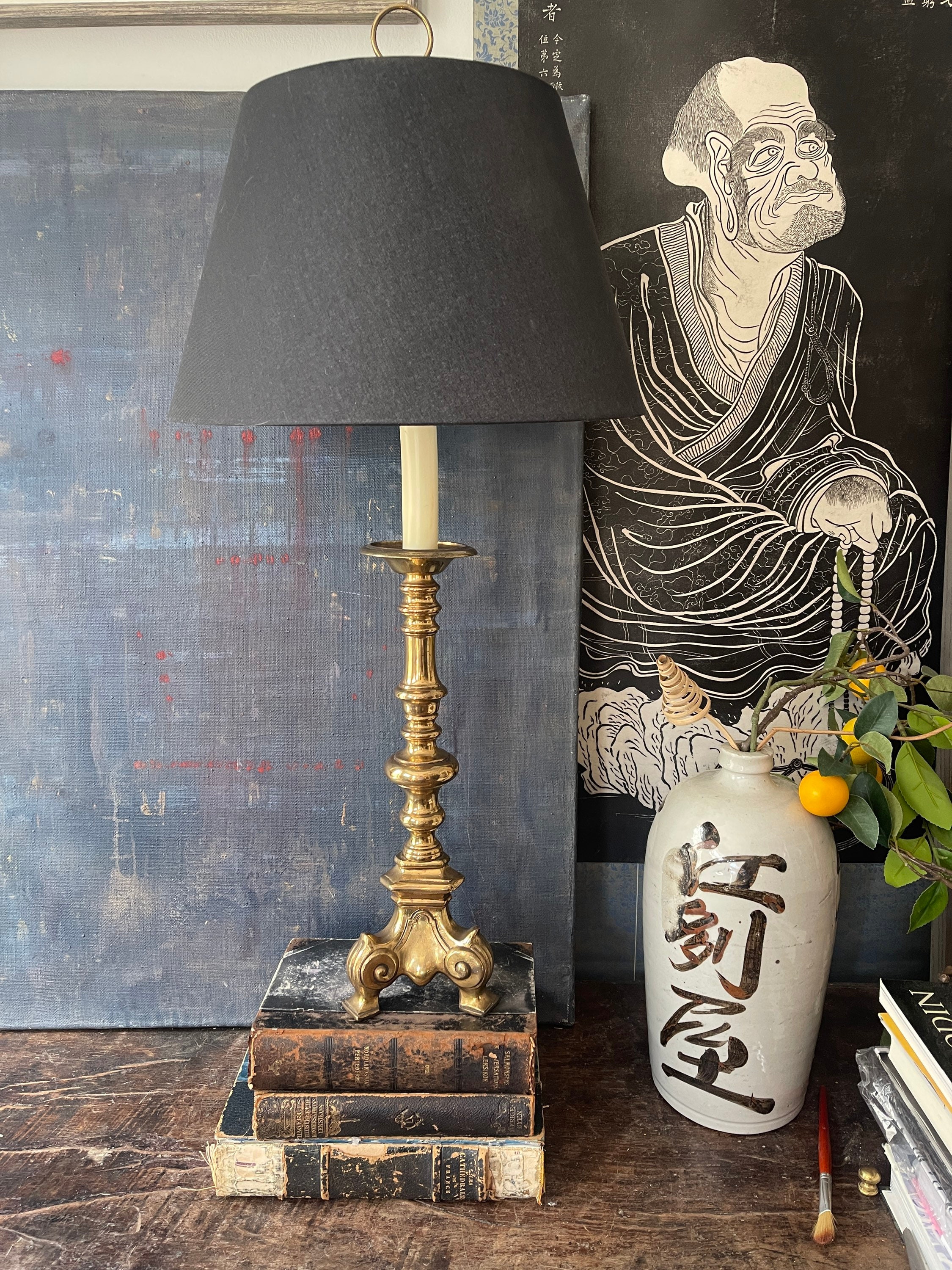 Vintage Brass Scrolled Feet Buffet Lamp