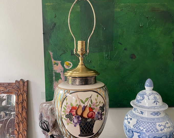Vintage Ginger Jar Style Table Lamp 21" Grapes, Pears, Fruit- Wood Base ...