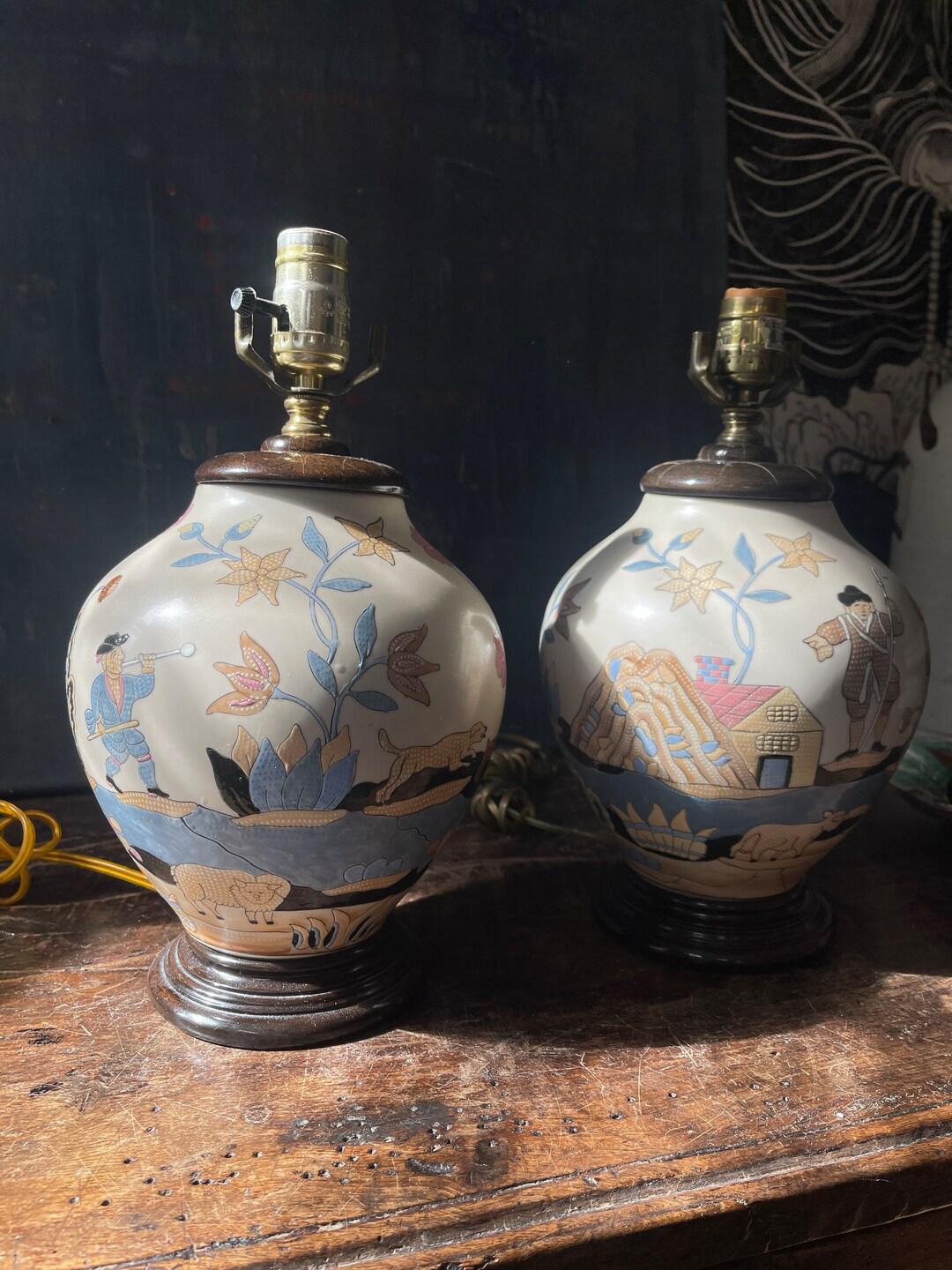 Pair of Vintage Naive Hunting Scene Lamps - Etsy