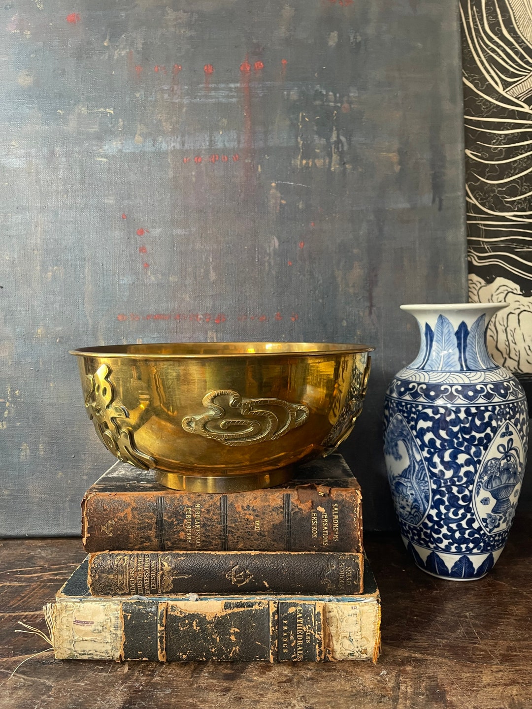 Vintage Large Asian Brass Bowl With Symbols - Etsy