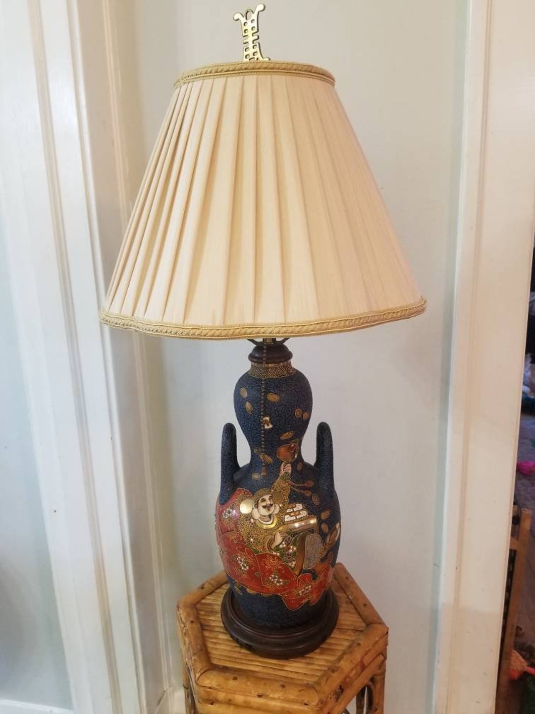 Vintage Japanese Moriage Satsuma Navy Blue Lamp Asian Chic Chinoiserie ...