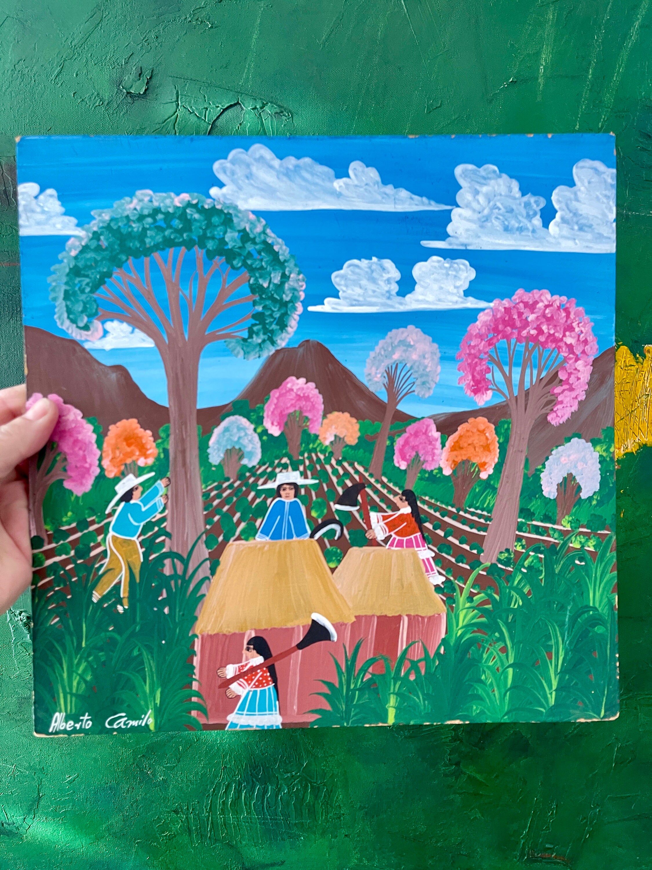 Vintage Latino Painting on Board With Pink and Orange Trees by Alberto ...