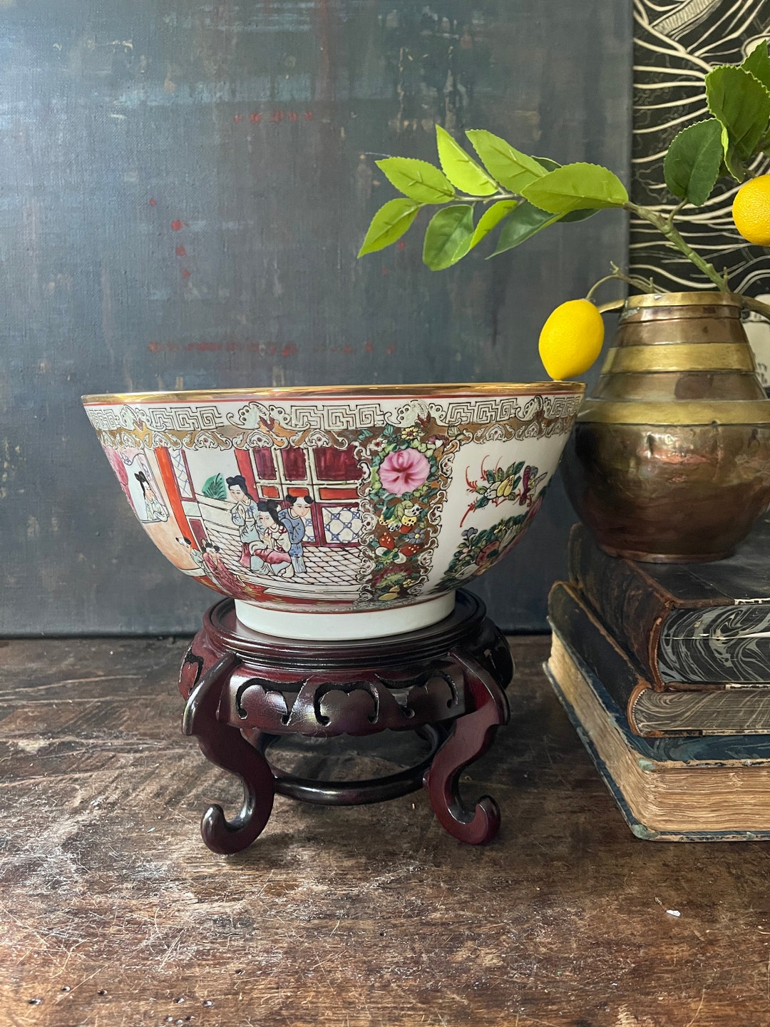 Vintage Large Famille Rose Bowl on Stand - Etsy
