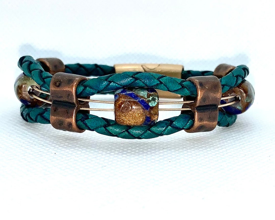 Teal Storm Braided Leather & Guitar String Bracelet - Etsy