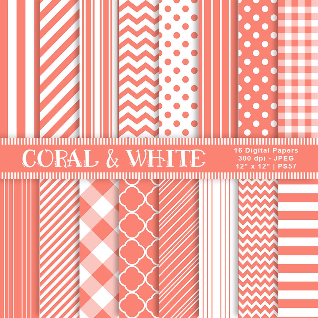 Coral & White Digital Papers, Patterned Paper, Digital Scrapbook Papers ...