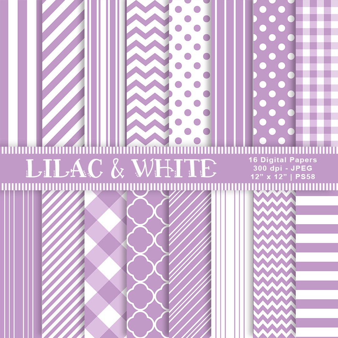 Lilac & White Digital Papers, Patterned Paper, Digital Scrapbook Papers ...