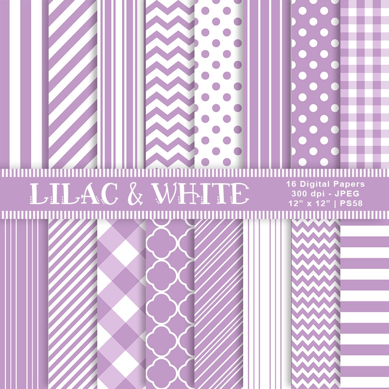 Lilac & White Digital Papers, Patterned Paper, Digital Scrapbook Papers, Digital Lilac Paper ...