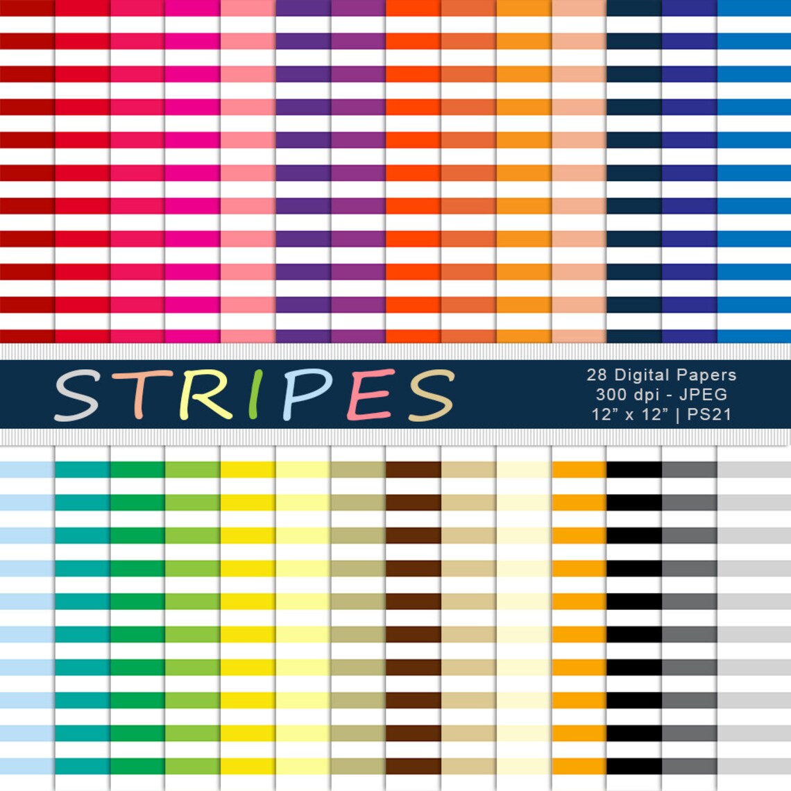 Stripes Digital Paper Horizontal Stripes Paper Rainbow - Etsy