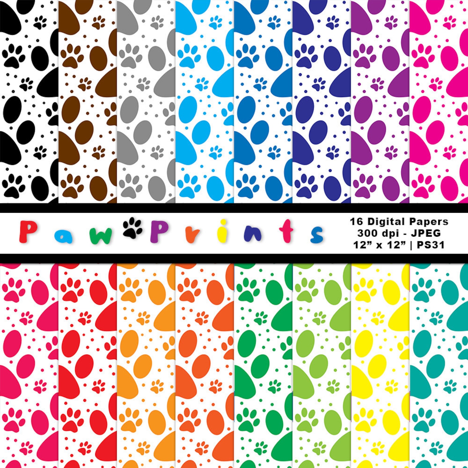 Paws Digital Paper Rainbow Paw Prints Paw Patterns Animal | Etsy