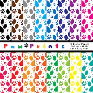 Paws Digital Paper, Rainbow Paw Prints, Paw Patterns, Animal Digital ...