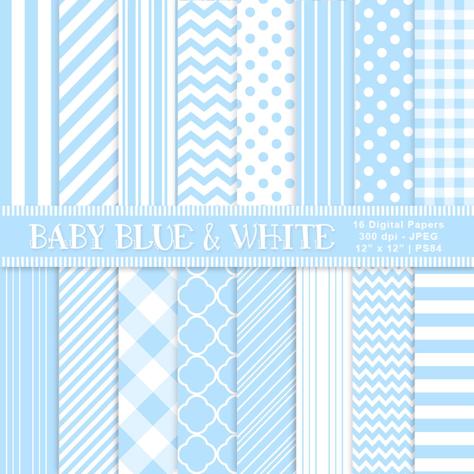 Baby Blue Digital Patterned Papers, Baby Shower, Baby Blue & White ...