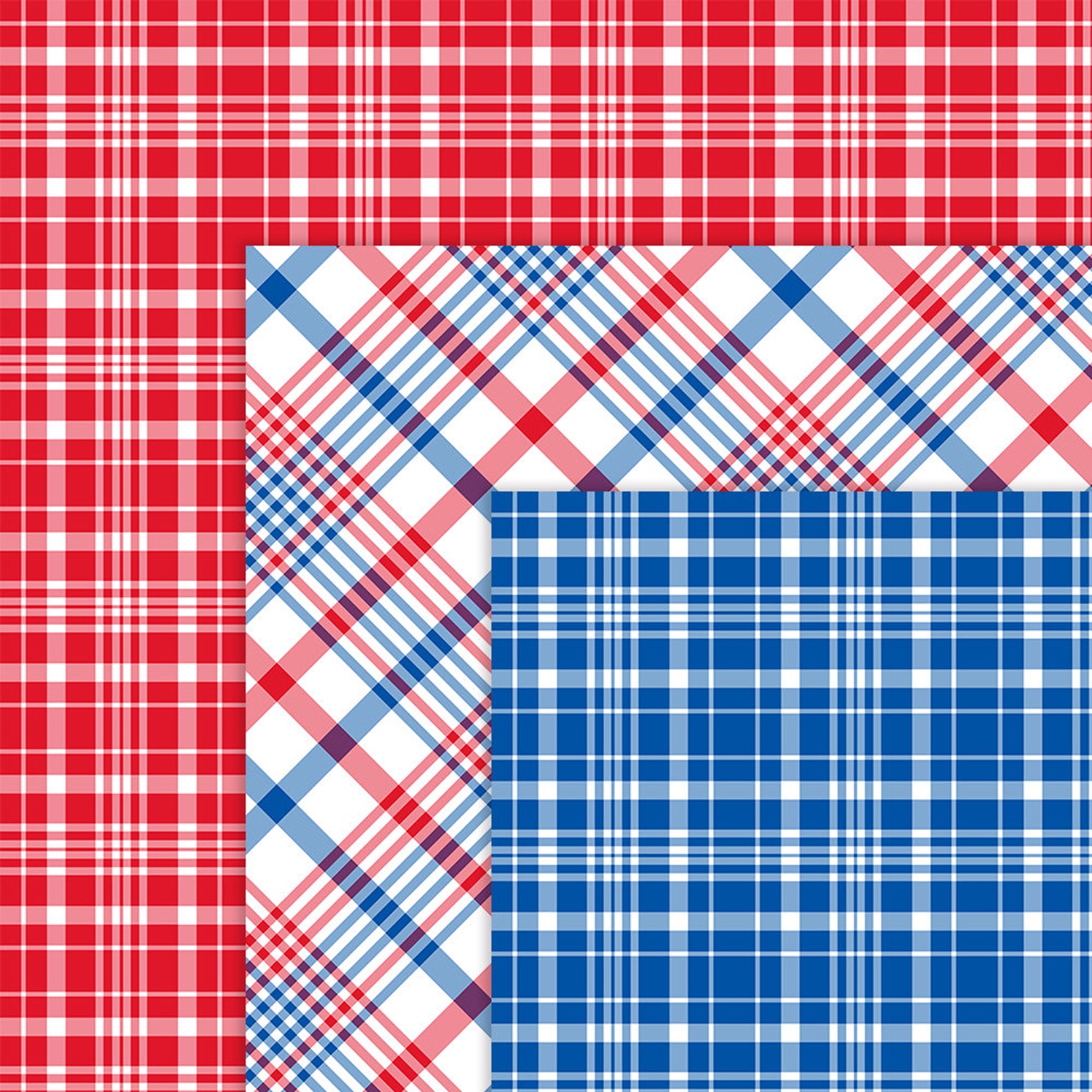 Red White & Blue Digital Plaid Paper Patriotic Papers July | Etsy
