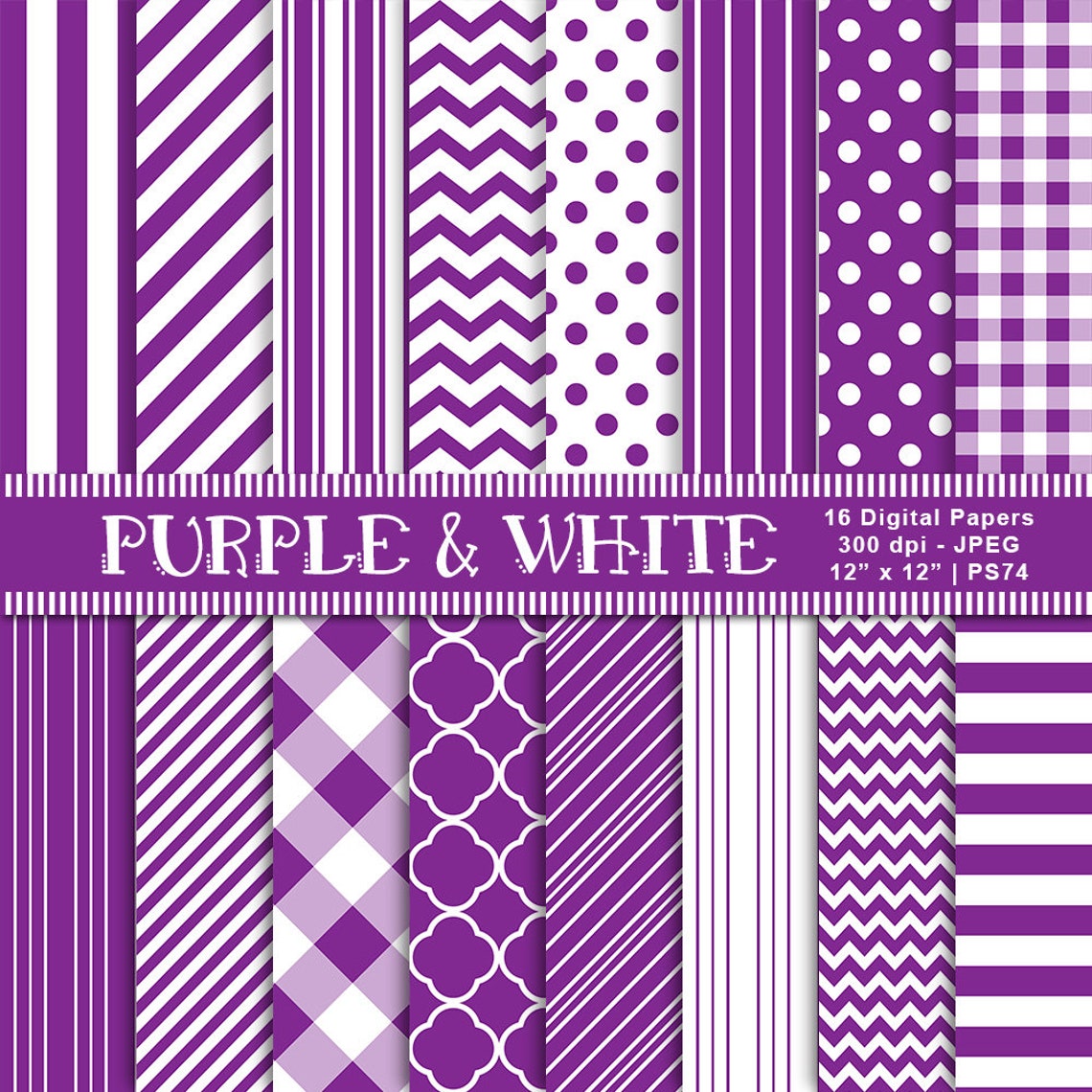Purple & White Digital Papers, Purple Patterns, Printable Background ...