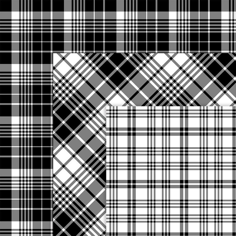 Black & White Plaid Digital Papers, Black Plaid Backgrounds, Black ...