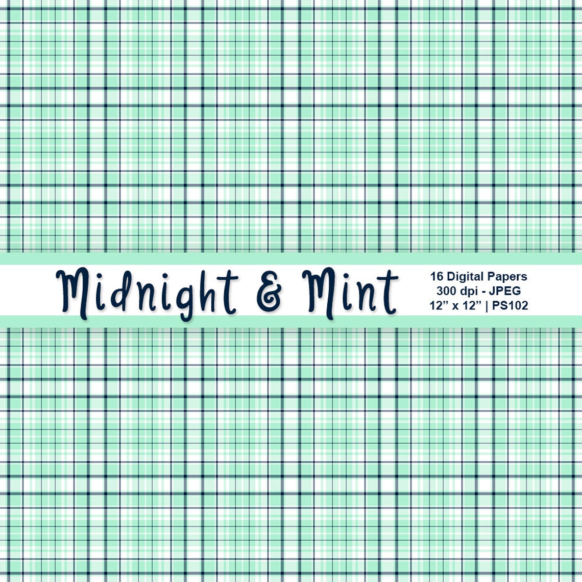 Midnight & Mint Digital Papers, Deep Blue Patterns, Mint Green Patterns ...