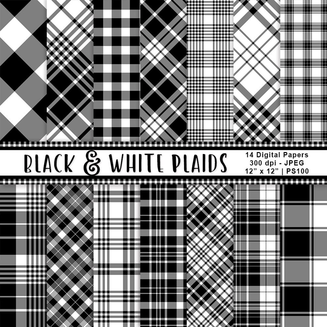 Black & White Plaid Digital Papers, Black Plaid Backgrounds, Black ...