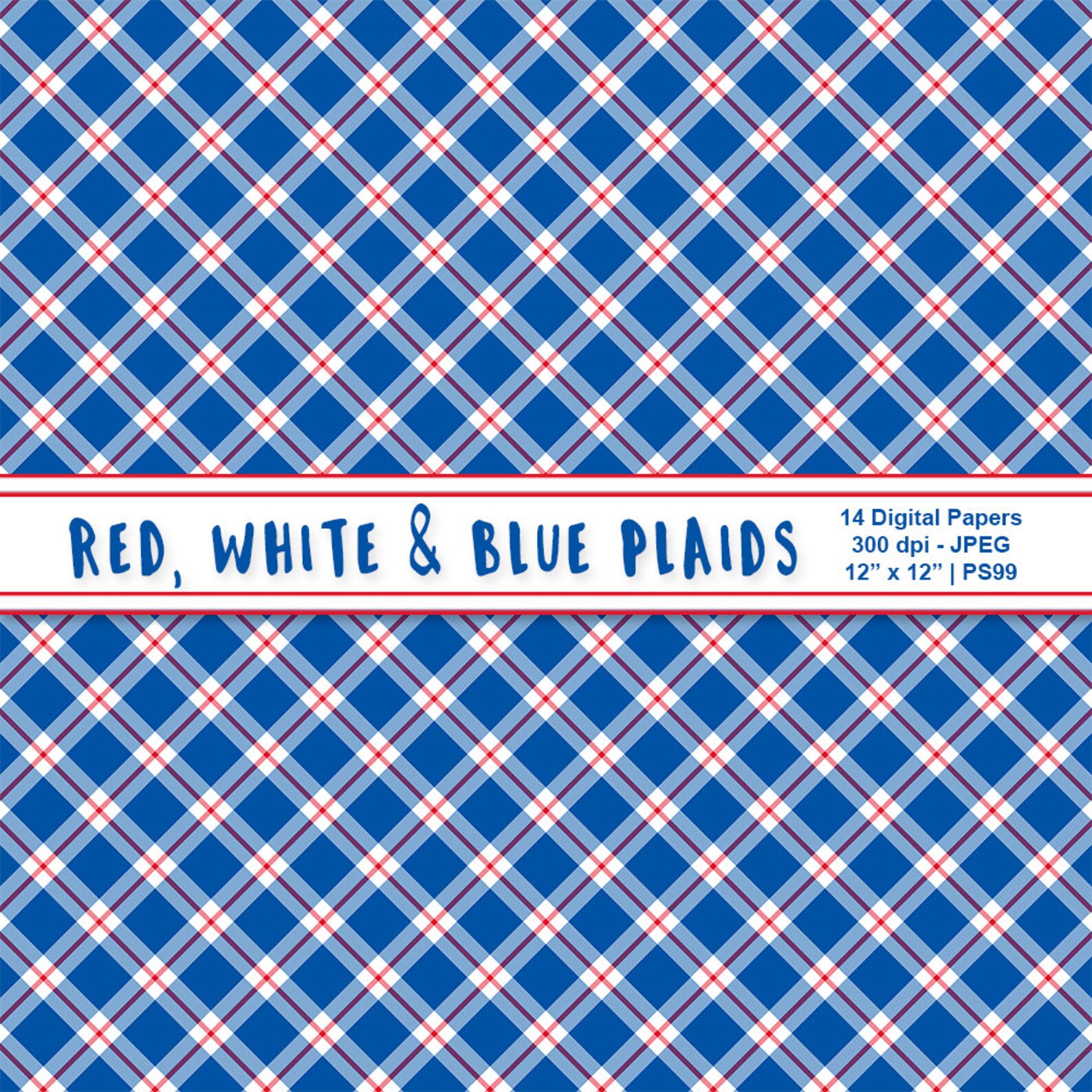 Red White & Blue Digital Plaid Paper Patriotic Papers July | Etsy