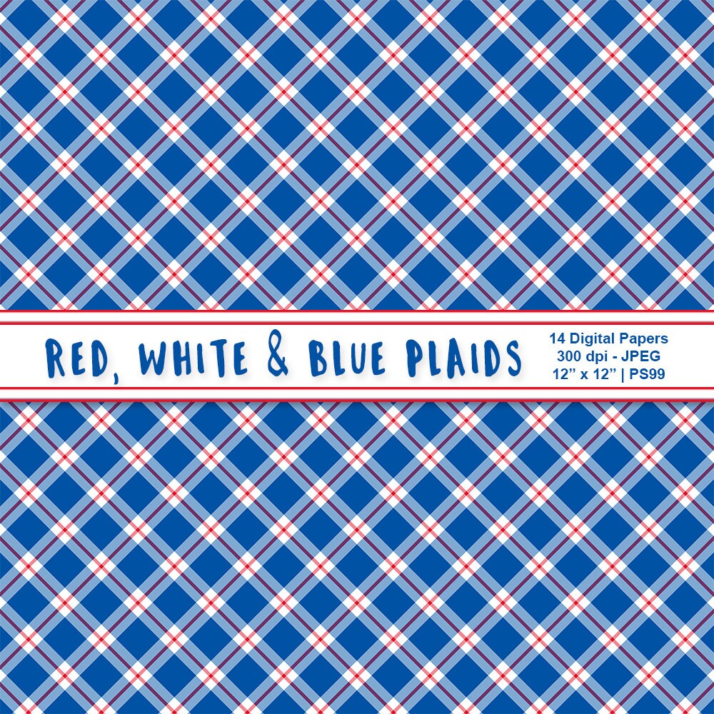Red White & Blue Digital Plaid Paper Patriotic Papers July | Etsy