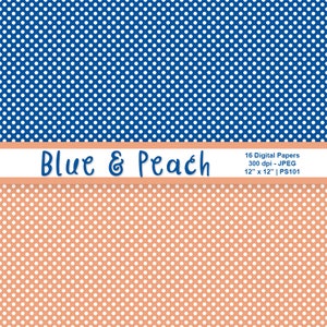 Blue & Peach Digital Scrapbook Papers, Blue Backgrounds, Peach ...