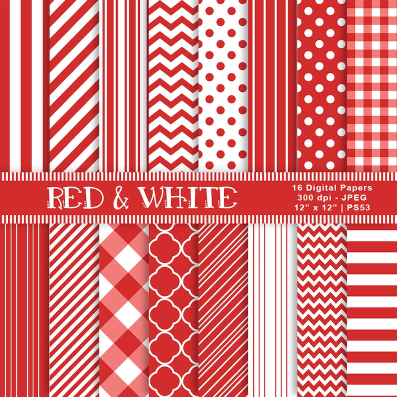 Red & White Digital Papers, Patterned Paper, Digital Scrapbook Papers ...