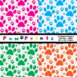 Paws Digital Paper, Rainbow Paw Prints, Paw Patterns, Animal Digital ...