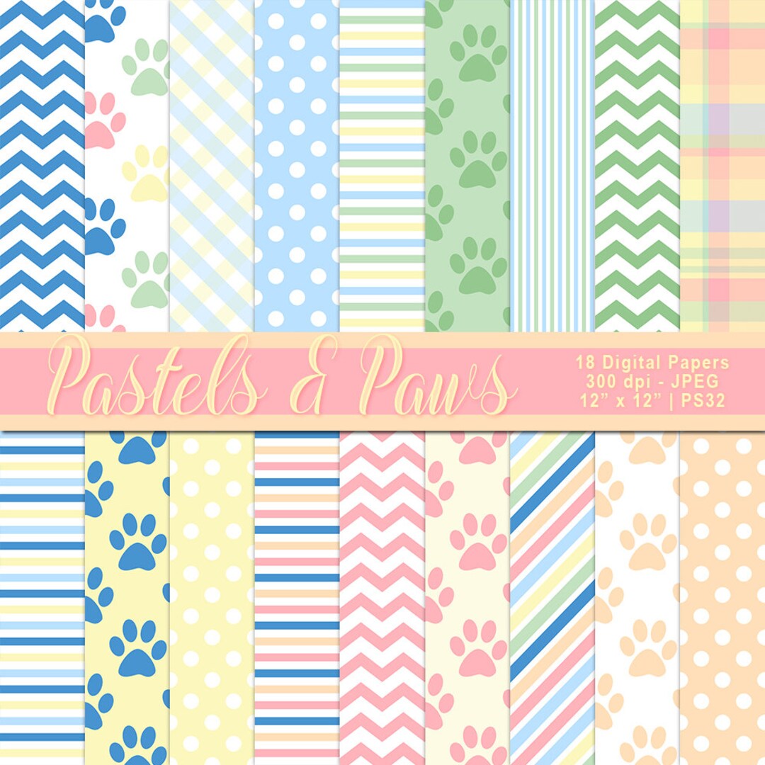 Pastels and Paws Digital Paper, Pastel Papers, Paw Print Pattern ...