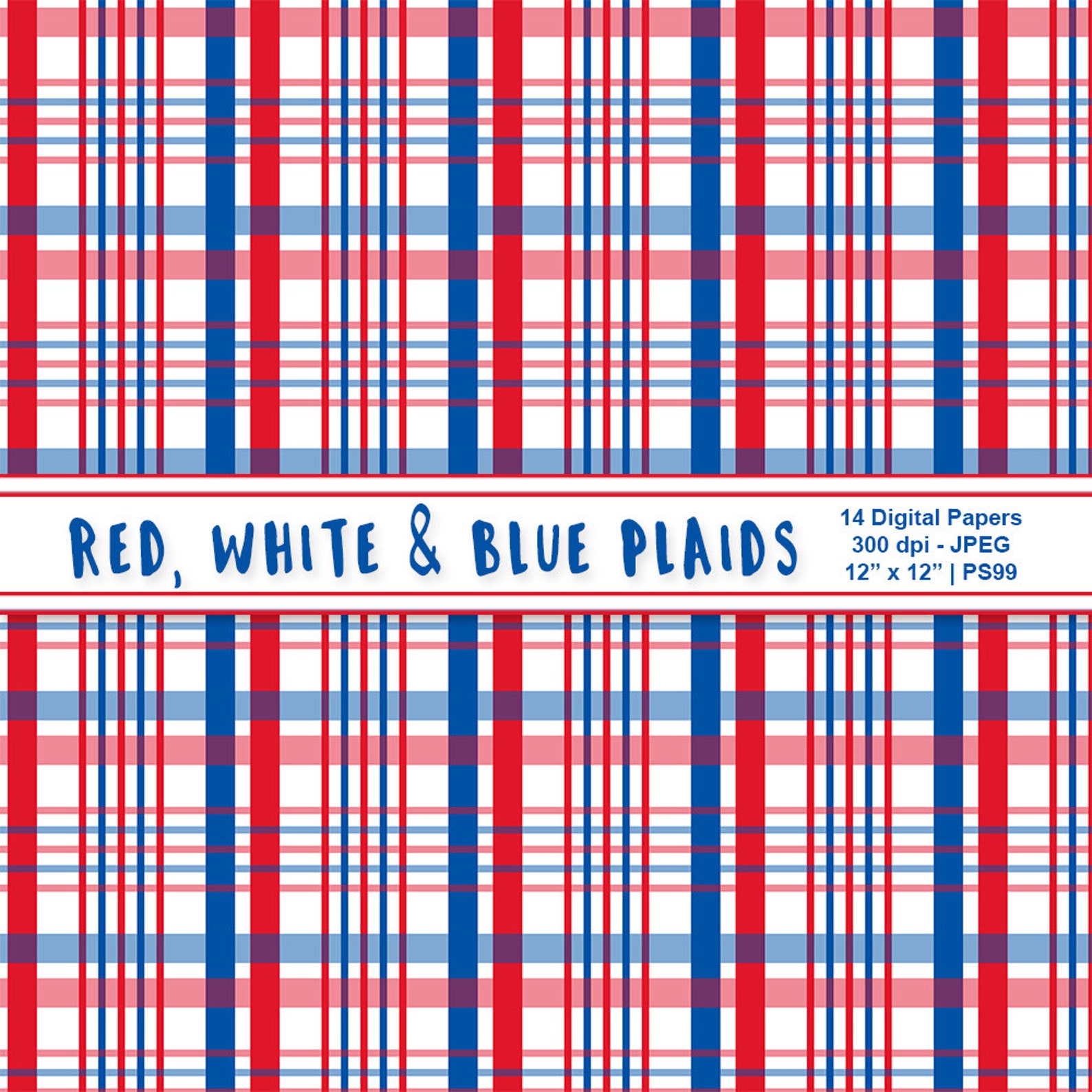 Red White & Blue Digital Plaid Paper Patriotic Papers July | Etsy