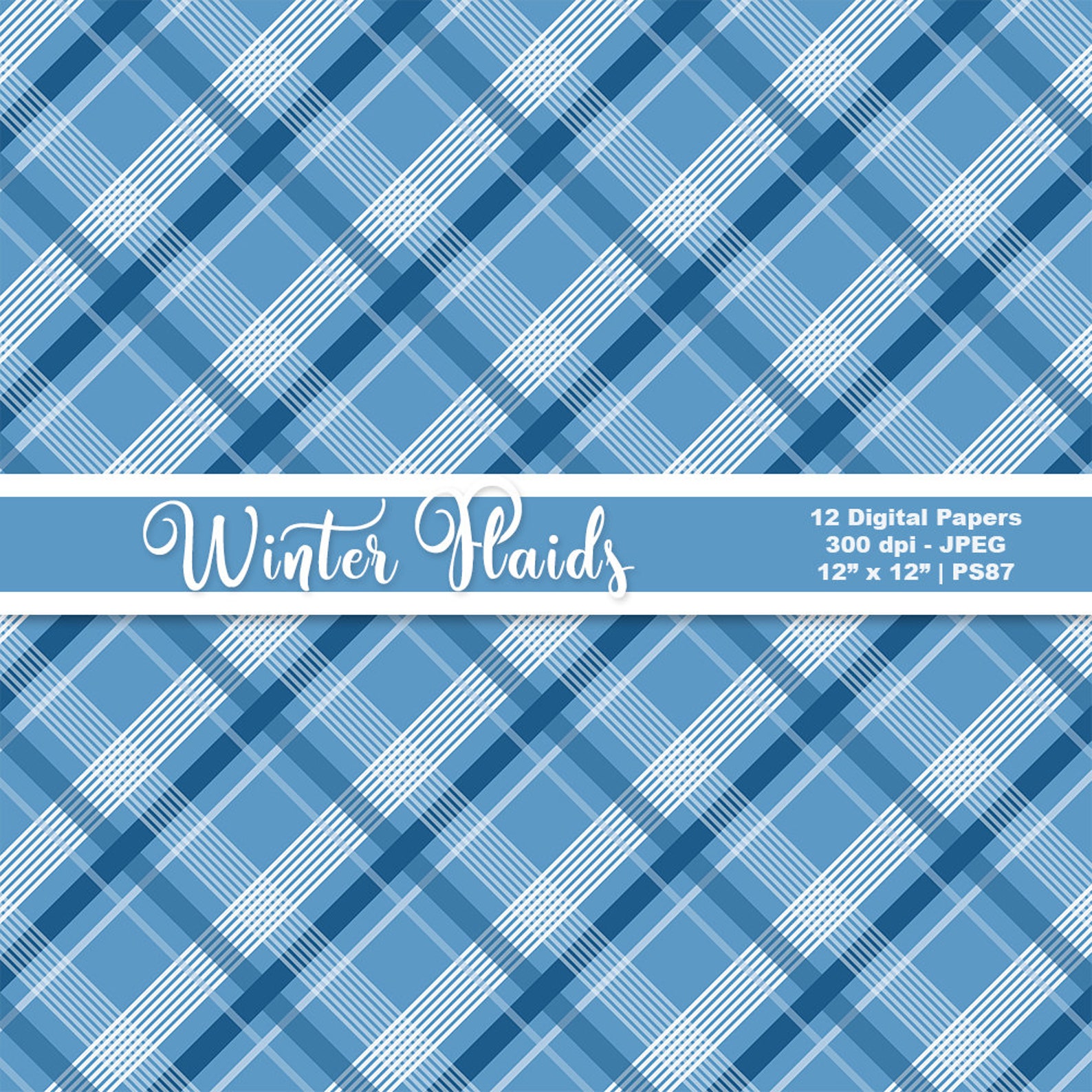 Blue Winter Plaids, Digital Paper, Holiday Patterns, Christmas Paper ...