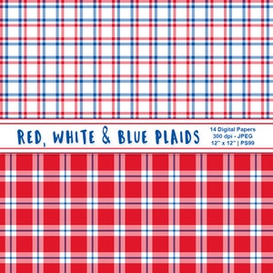 Red White & Blue Digital Plaid Paper, Patriotic Papers, July 4th ...