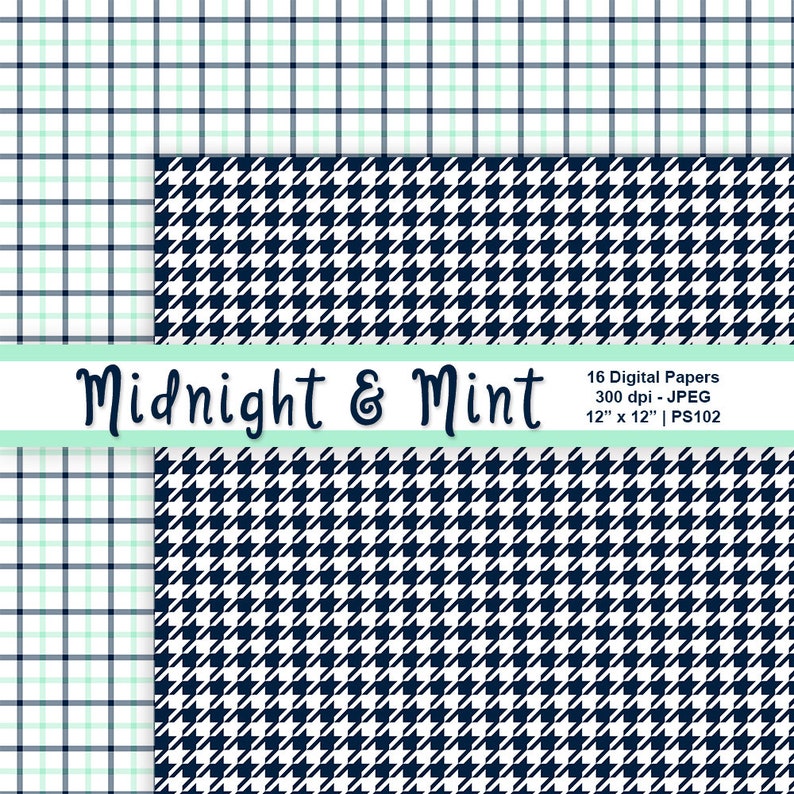 Midnight & Mint Digital Papers, Deep Blue Patterns, Mint Green Patterns ...