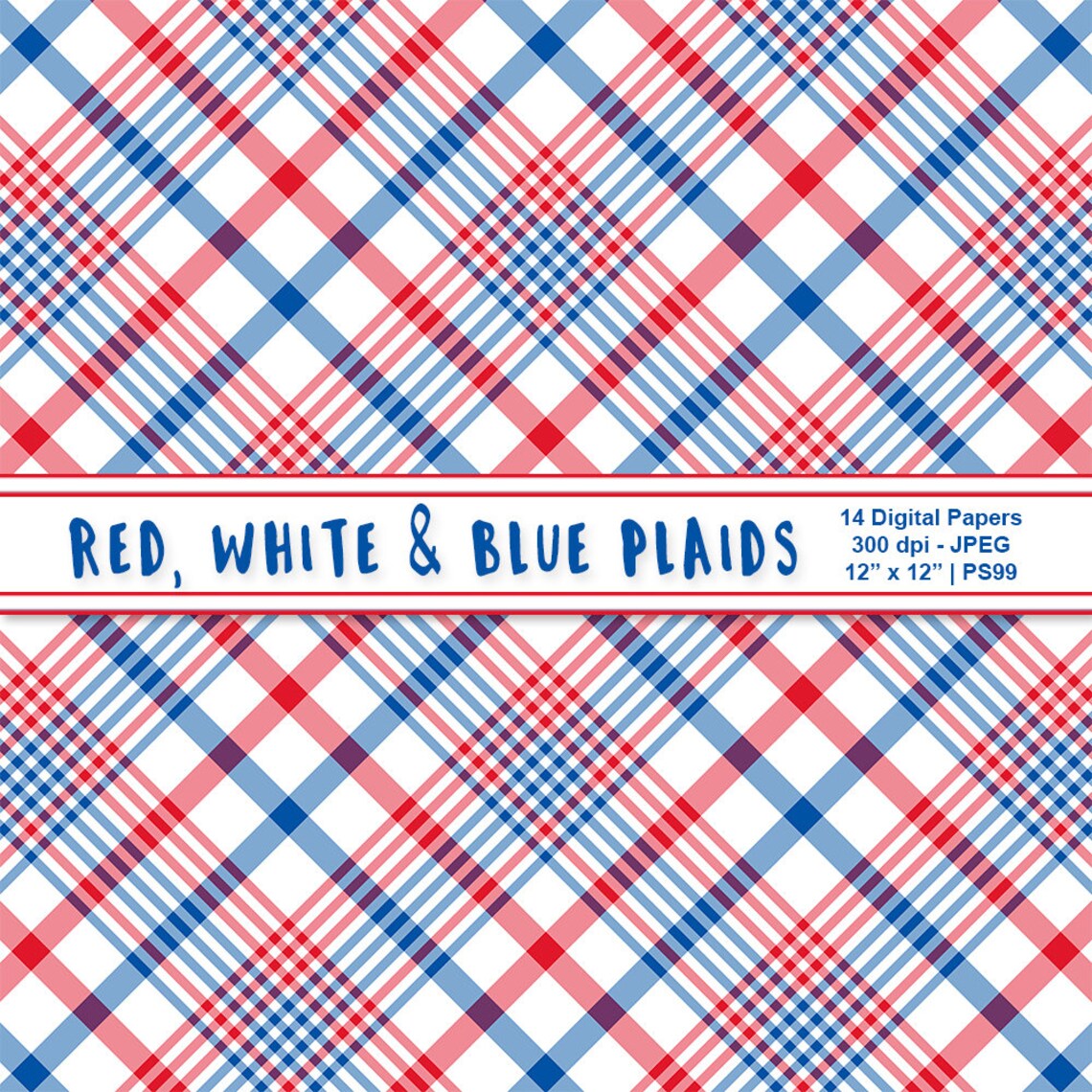 Red White & Blue Digital Plaid Paper Patriotic Papers July | Etsy