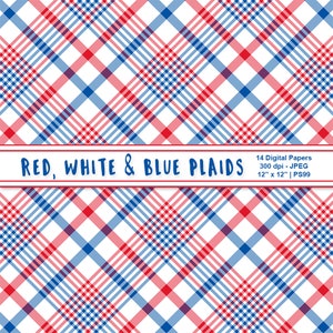 Red White & Blue Digital Plaid Paper, Patriotic Papers, July 4th ...
