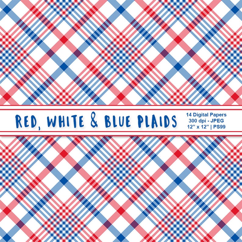 Red White & Blue Digital Plaid Paper Patriotic Papers July - Etsy
