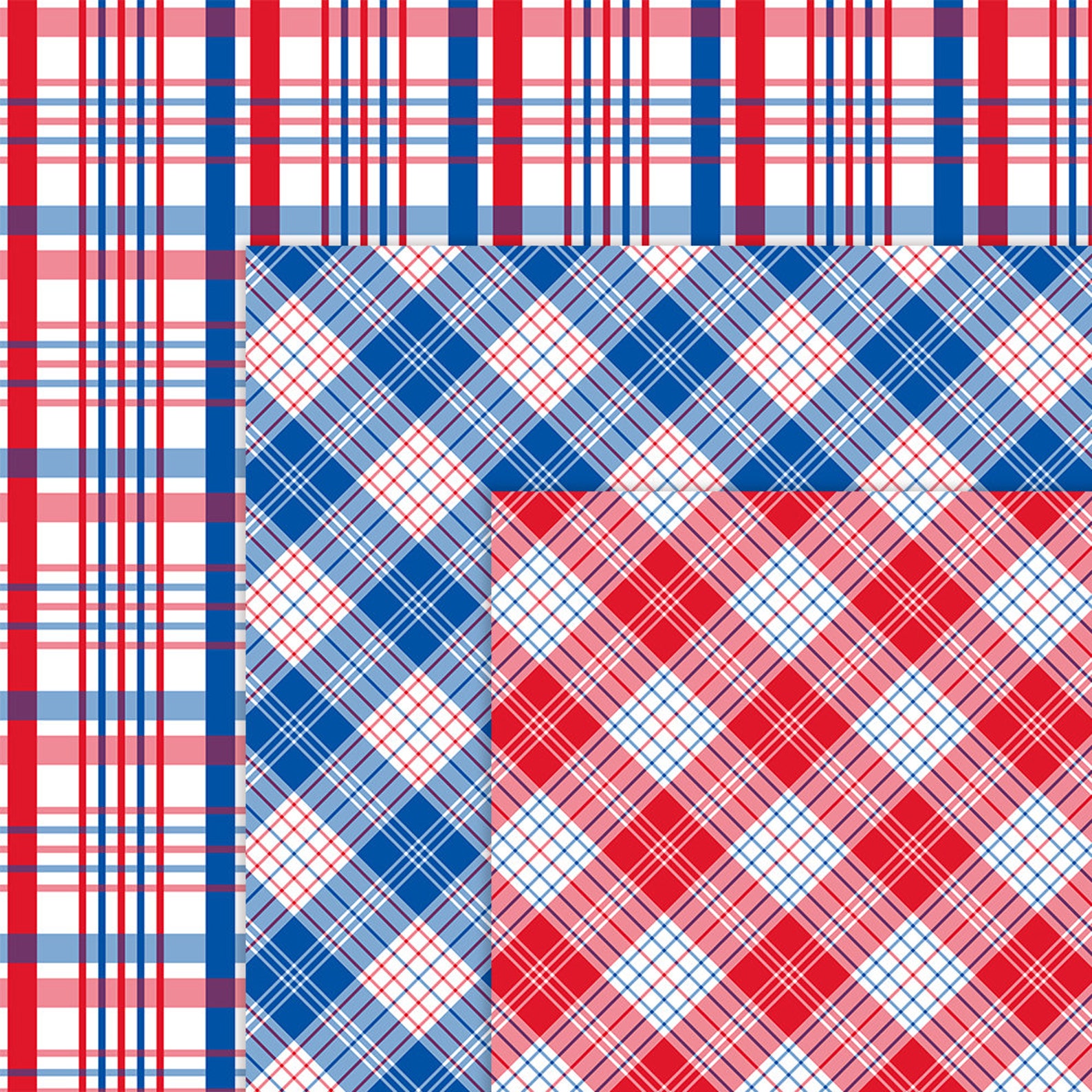 Red White & Blue Digital Plaid Paper Patriotic Papers July | Etsy