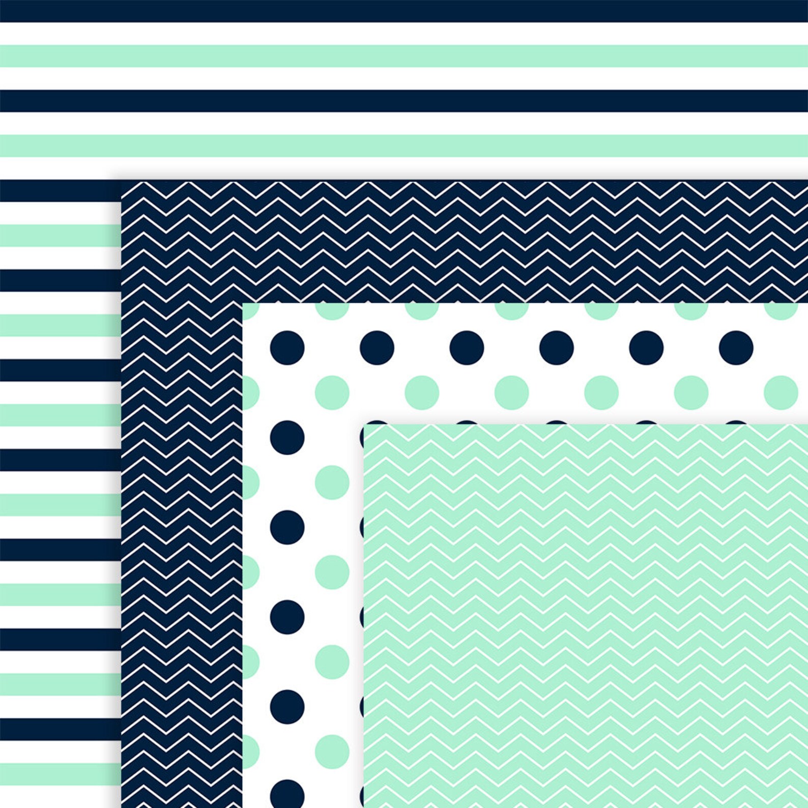 Midnight & Mint Digital Papers, Deep Blue Patterns, Mint Green Patterns ...