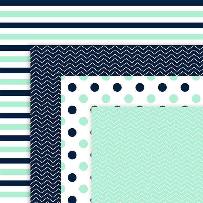 Midnight & Mint Digital Papers, Deep Blue Patterns, Mint Green Patterns ...