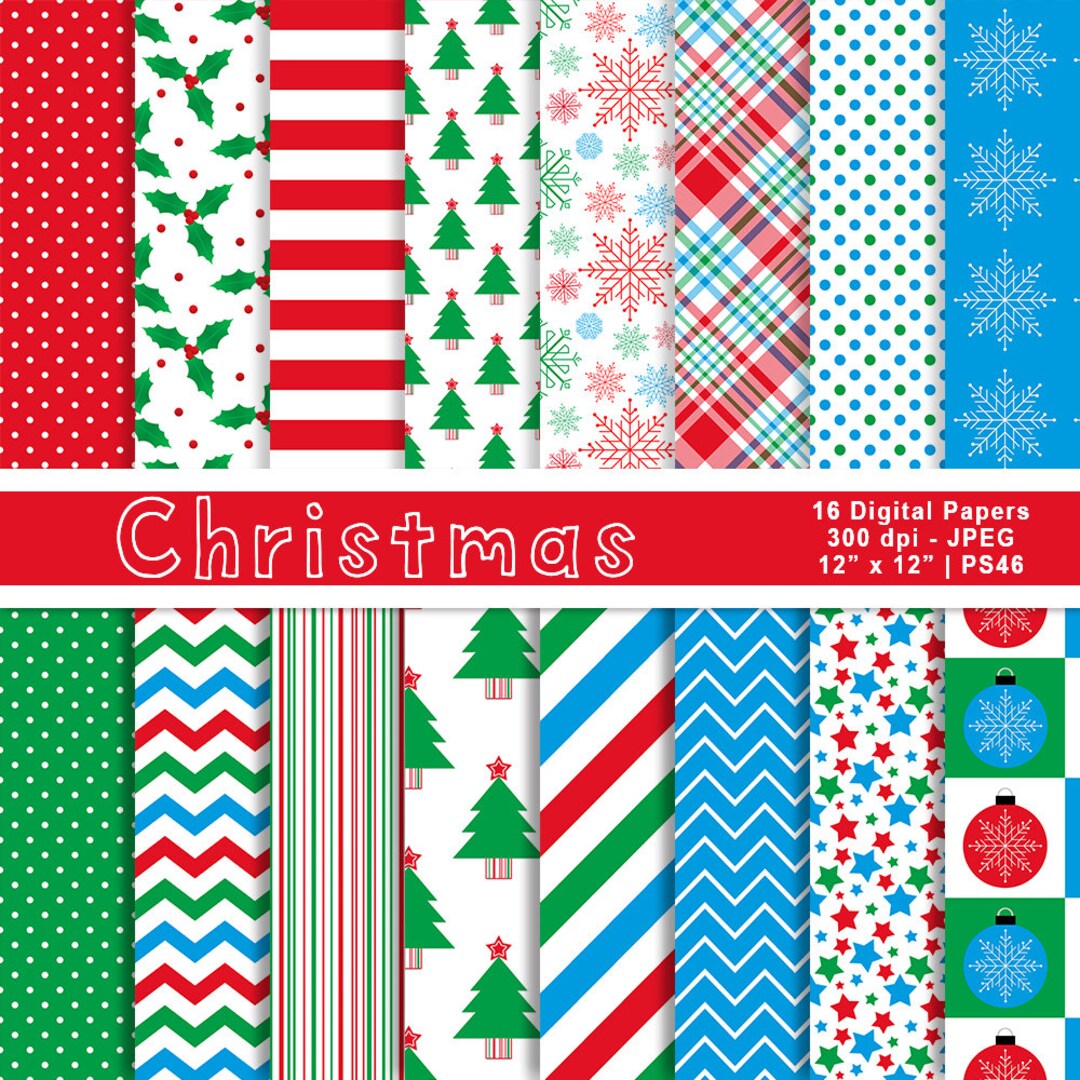 Christmas Digital Paper, Snowflake Paper, Christmas Tree Paper, Red ...