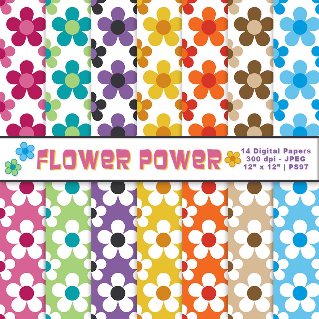 Flower Power Digital Paper, Flower Clipart, Floral Backgrounds, Flower ...